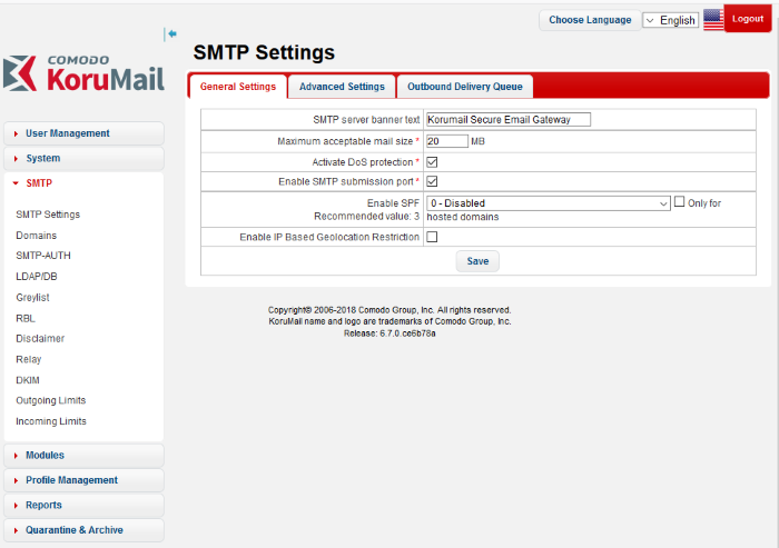 Smtp Send E Mail Protocol Settings Korumail Messaging Gateway Comodo 